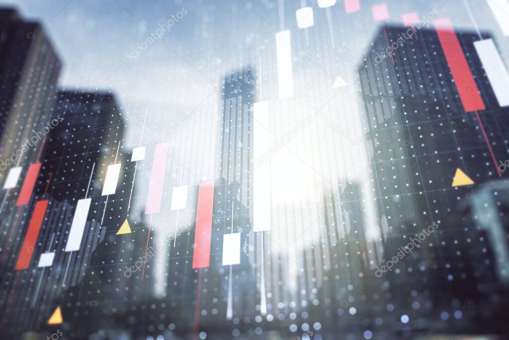 Exposición múltiple del diagrama financiero abstracto con el mapa del mundo en los edificios de ...