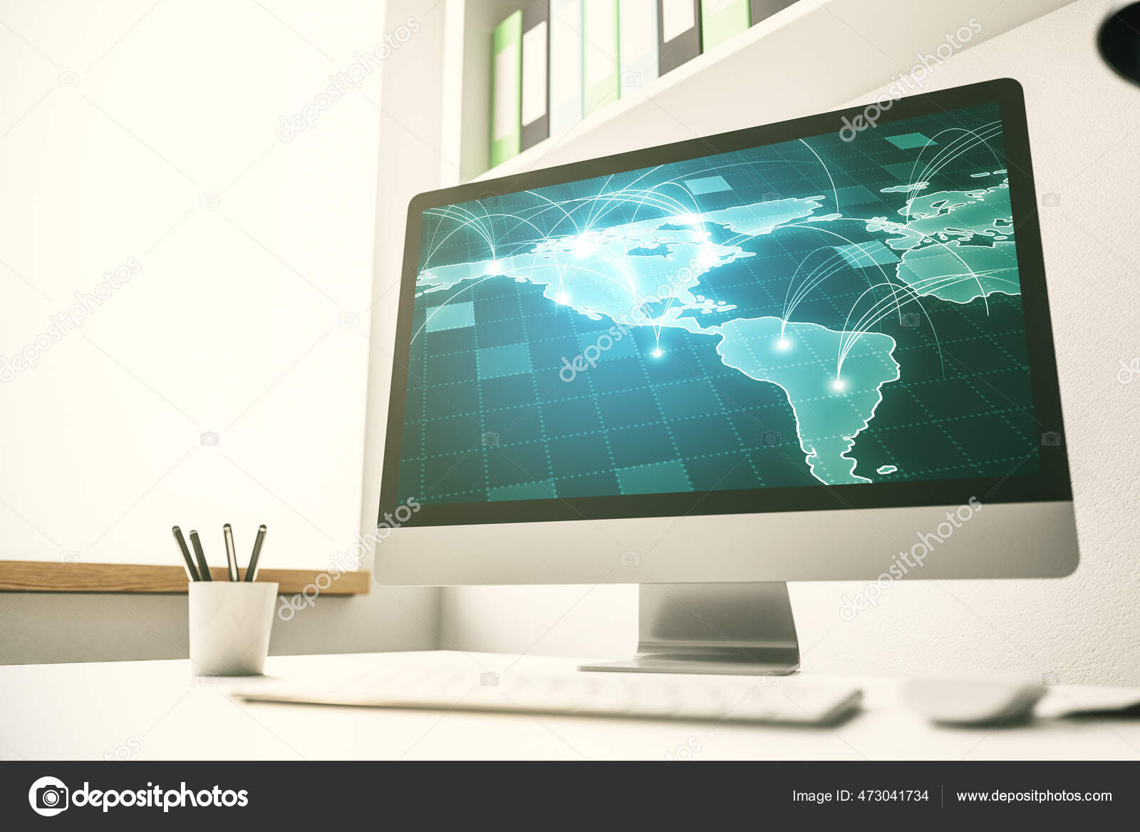 Abstract digital world map with connections on modern computer monitor ...