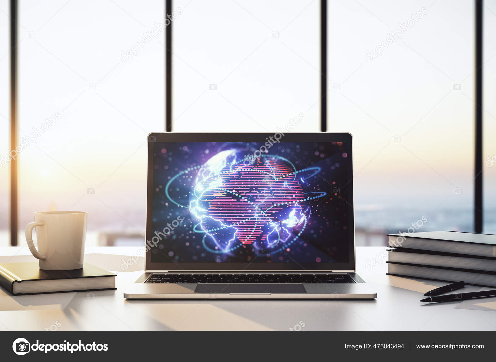 Abstract digital world map with connections on modern computer monitor ...