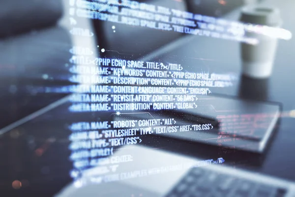 Multi exposure of abstract creative coding sketch on modern laptop ...