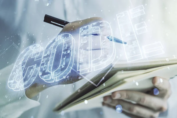 Creative Code word hologram on modern computer background, artificial ...