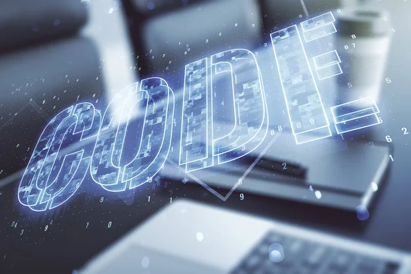 Creative Code word hologram on modern computer background, artificial ...