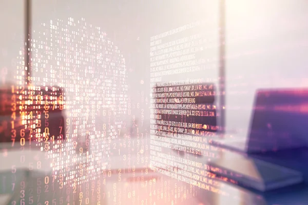 Creative code skull hologram and modern desktop with pc on background ...