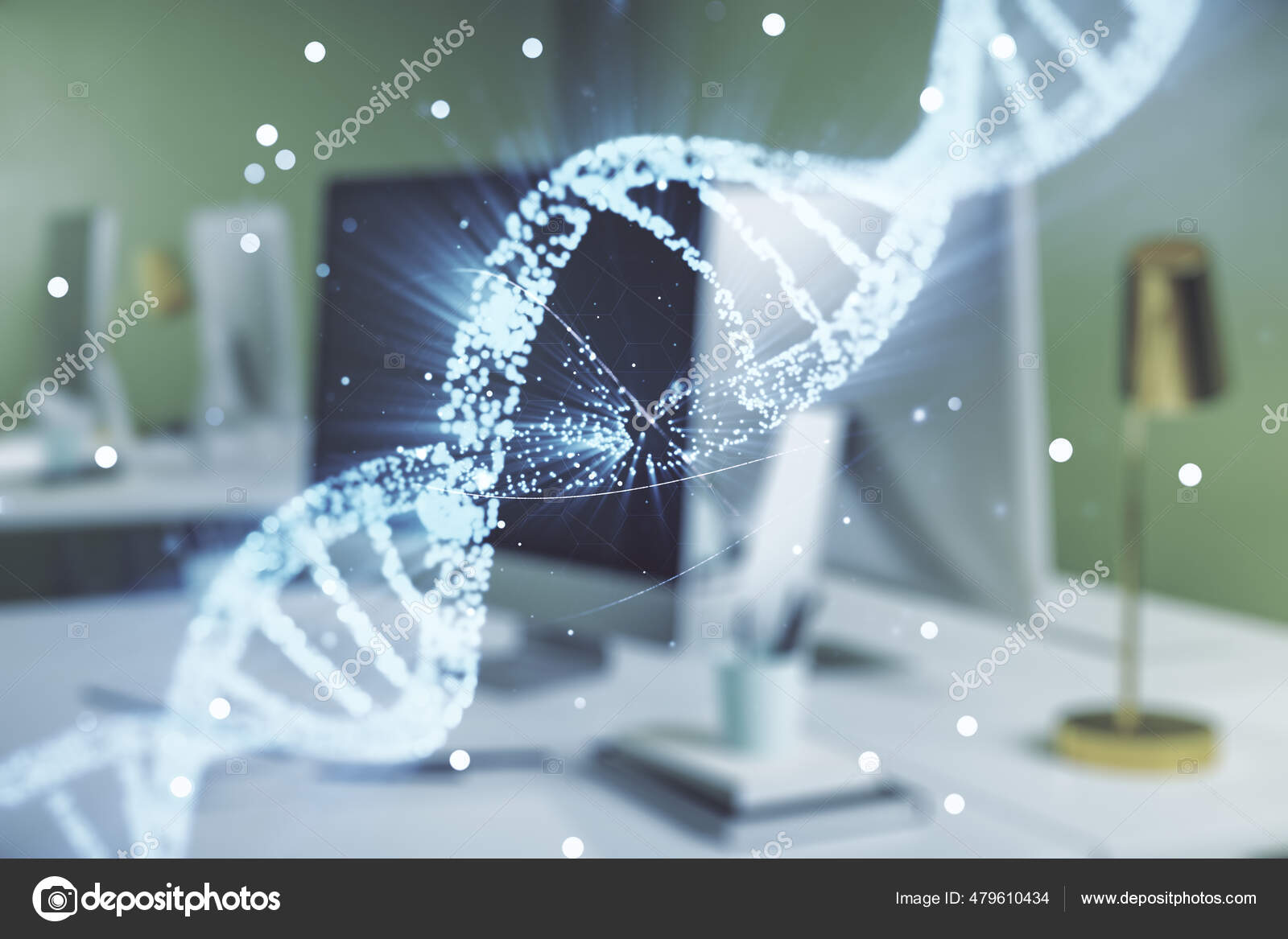 Creative concept with DNA symbol illustration on modern laptop ...