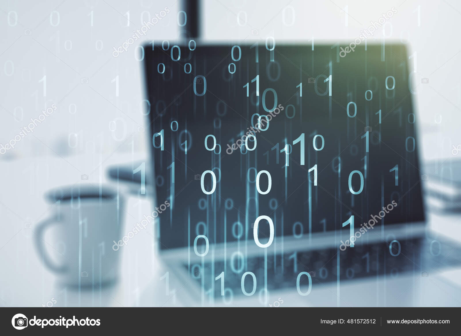 Creative abstract binary code sketch on modern laptop background, hacking and matrix concept ...