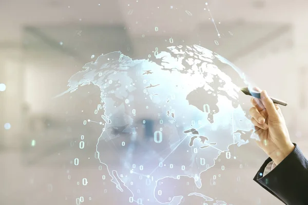 Multi exposure of programmers hand with pen working with abstract ...