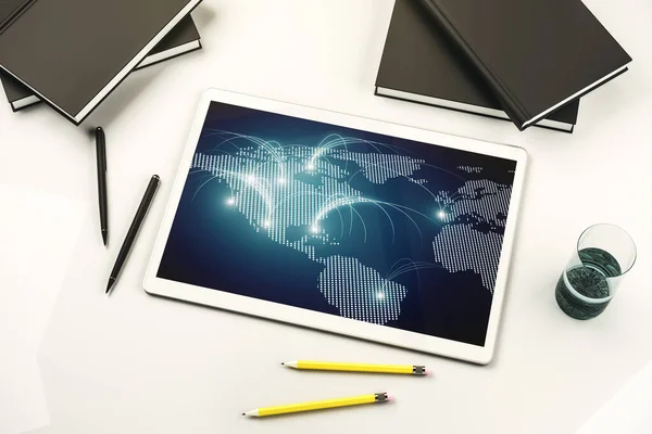 Top view of modern digital tablet monitor with abstract world map with ...