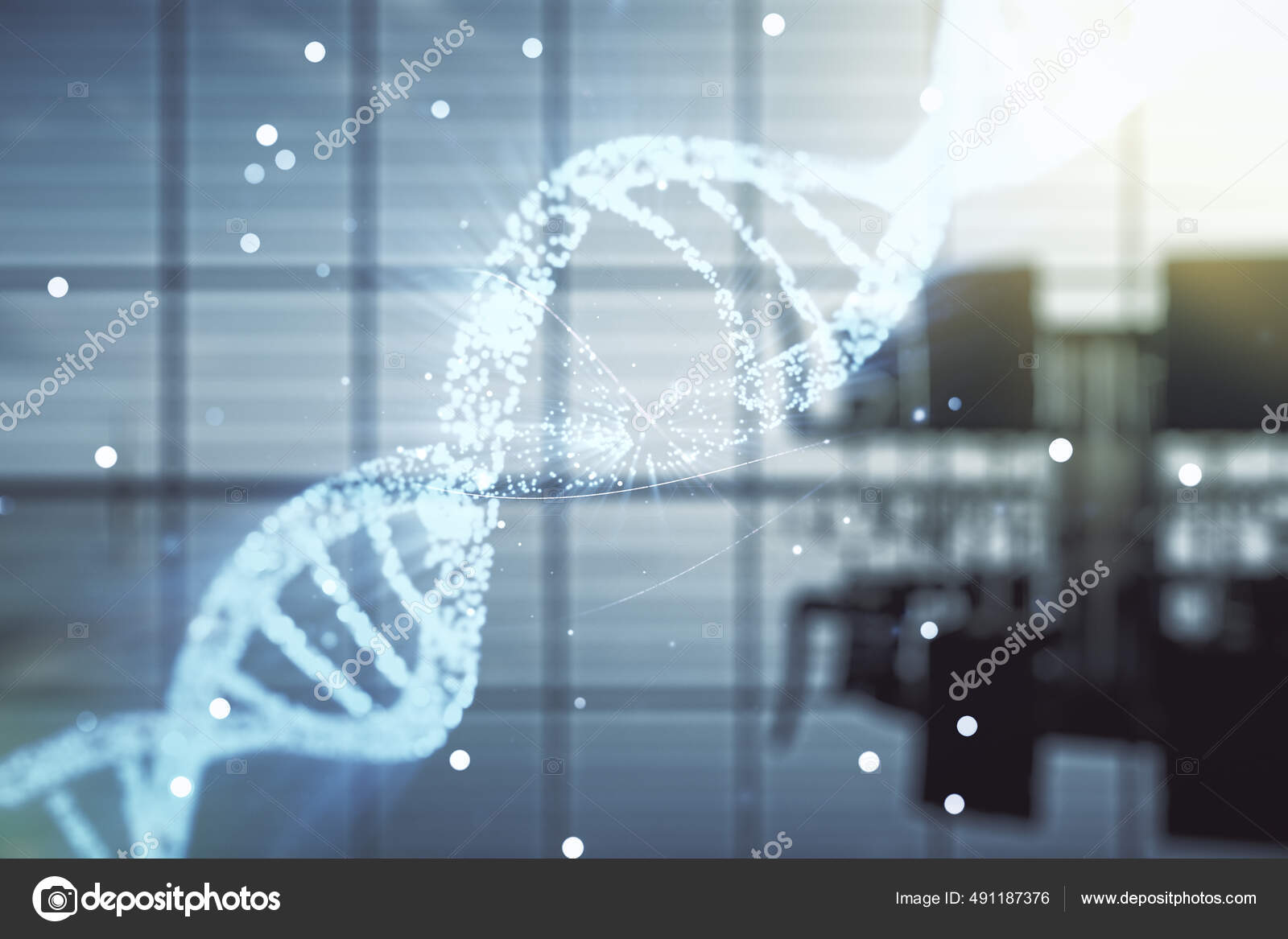 Virtual DNA symbol illustration on a modern conference room background ...