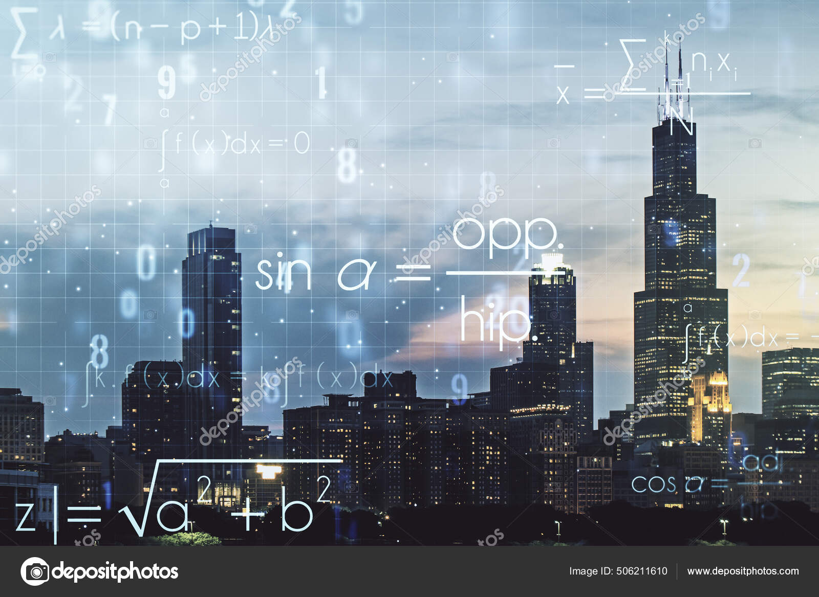 Double exposure of scientific formula hologram on Chicago city ...
