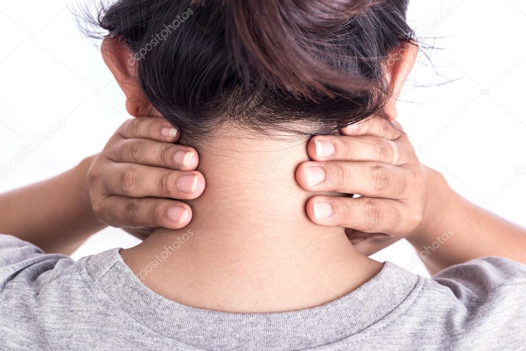 Woman's hand on her neck isolated on white : Medical concept Stock ...