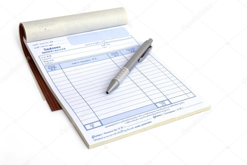 Invoice book with open blank page and pen Stock Photo by ...