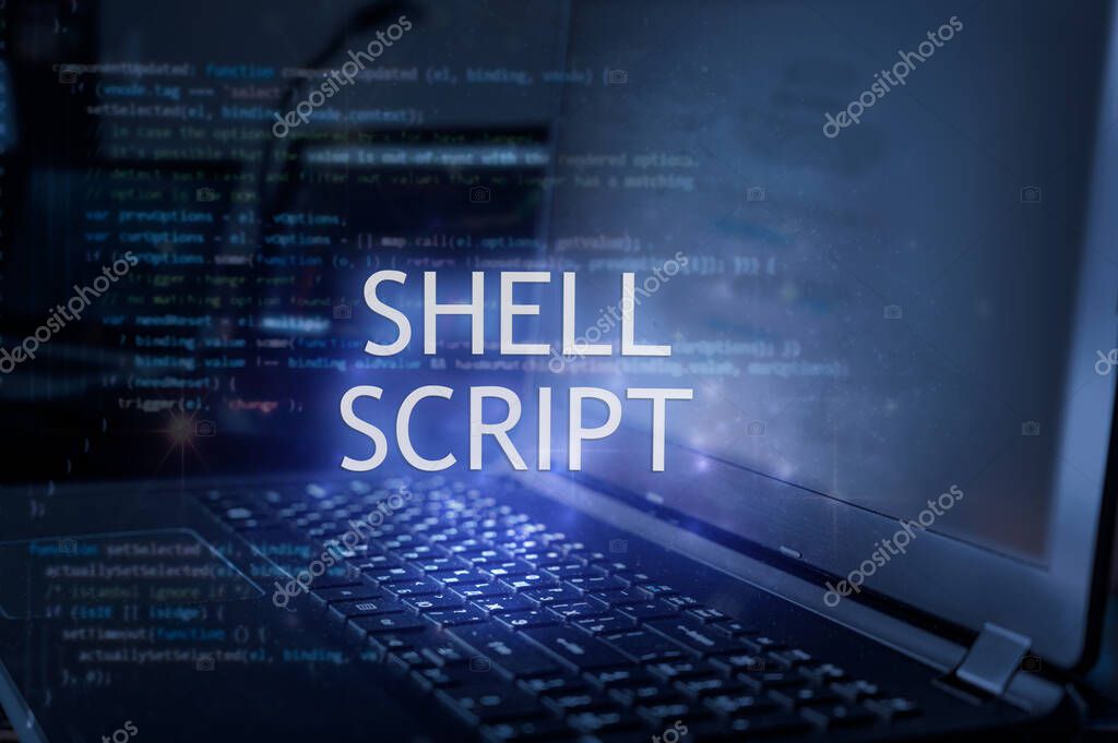 Inscripción de script de Shell contra portátil y fondo de código. Concepto tecnológico. Aprender ...