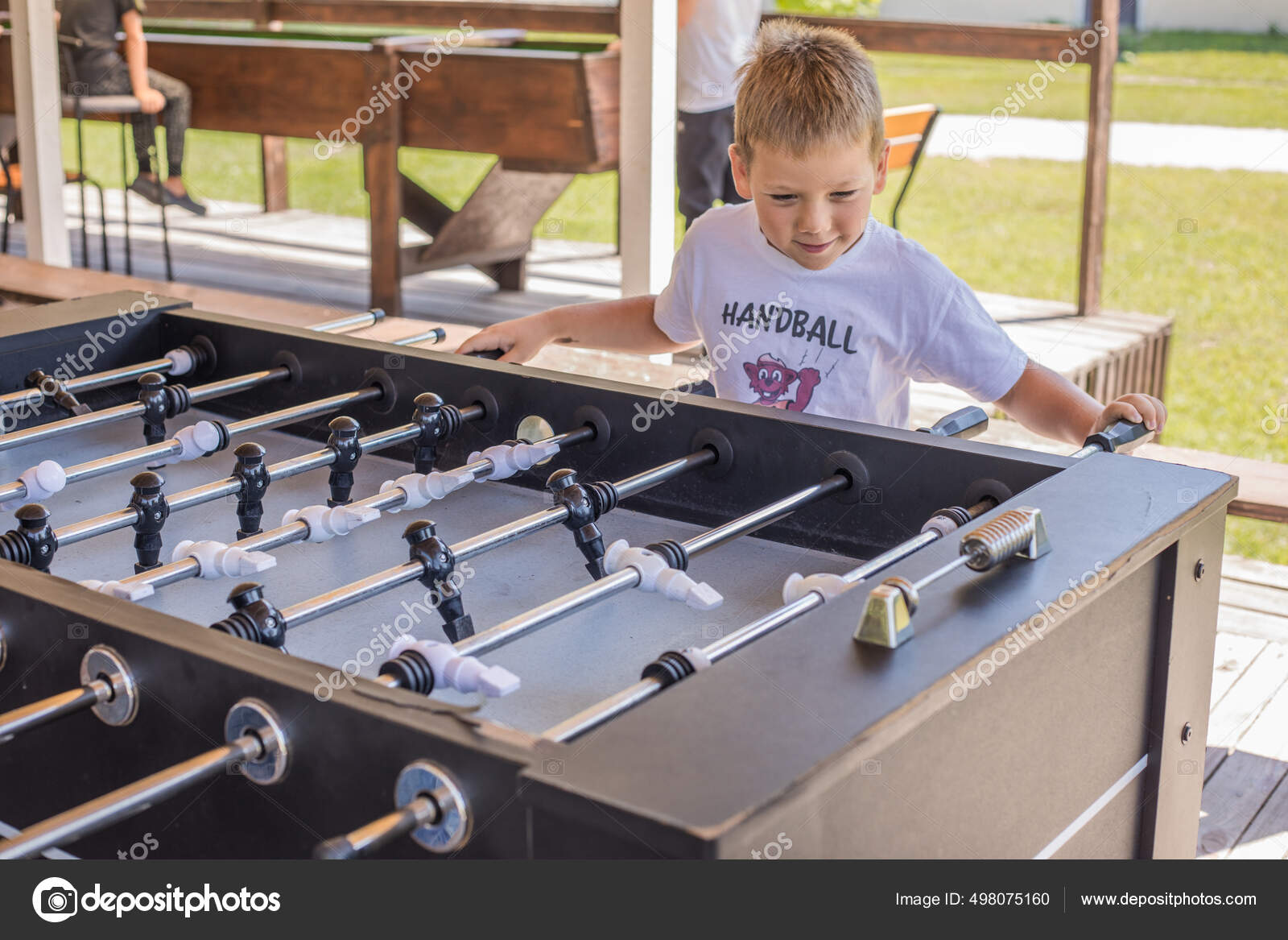 Happy Kid Boy Playing Table Soccer Dad Smiling Child Having Stock Photo ...