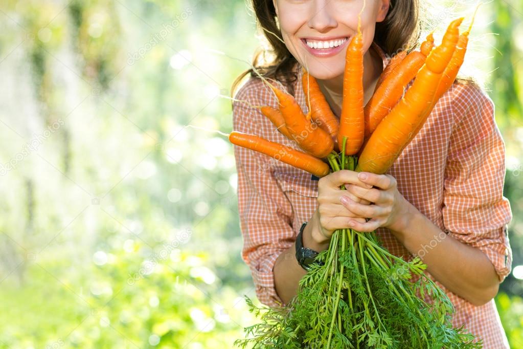 Ramo de verano con zanahorias orgánicas en las manos de la mujer, se ...