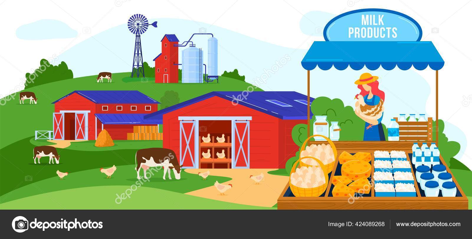 Agricultura productos lácteos agricultura vector ilustración, personaje ...