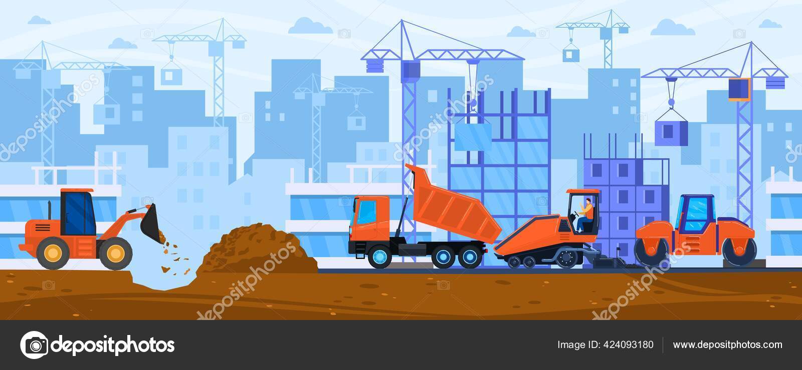Road construction vector illustration, cartoon flat tractor steamroller ...