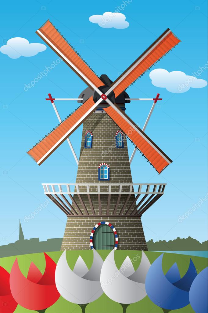 Dutch Windmill Illustration