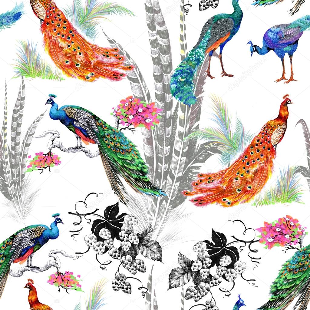 Seamless pattern with peacocks and flowers Stock Photo by ©Kostan-PROFF ...