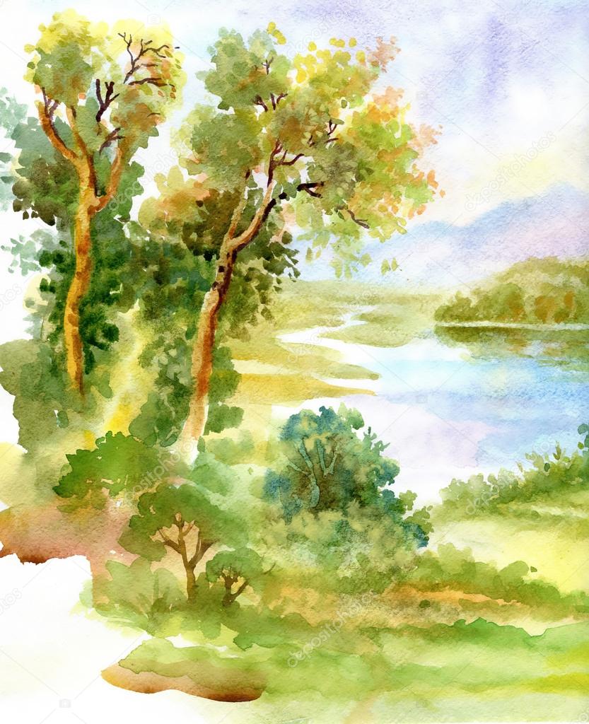Watercolor river nature landscape — Stock Photo © Kostan-PROFF #54511187