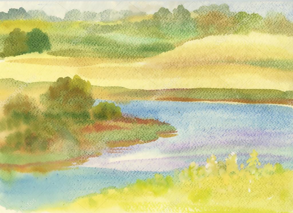 Watercolor river landscape Stock Photo by ©Kostan-PROFF 58391009