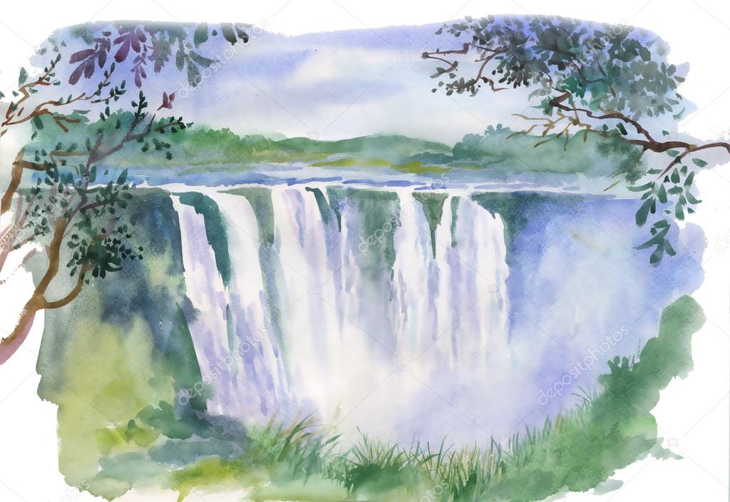 Watercolor beautiful waterfall Stock Photo by ©Kostan-PROFF 66771769