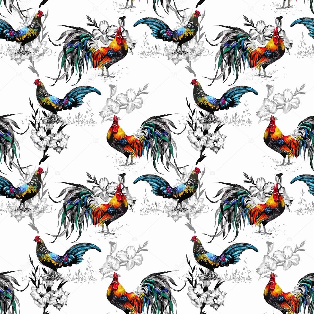 Patrón de acuarela sin costuras con siluetas de gallos de granja y ...