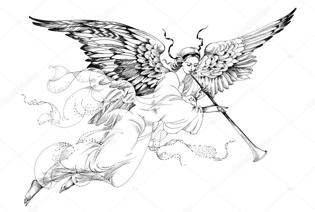 Beautiful angel playing horn Stock Illustration by ©Kostan-PROFF #91726420