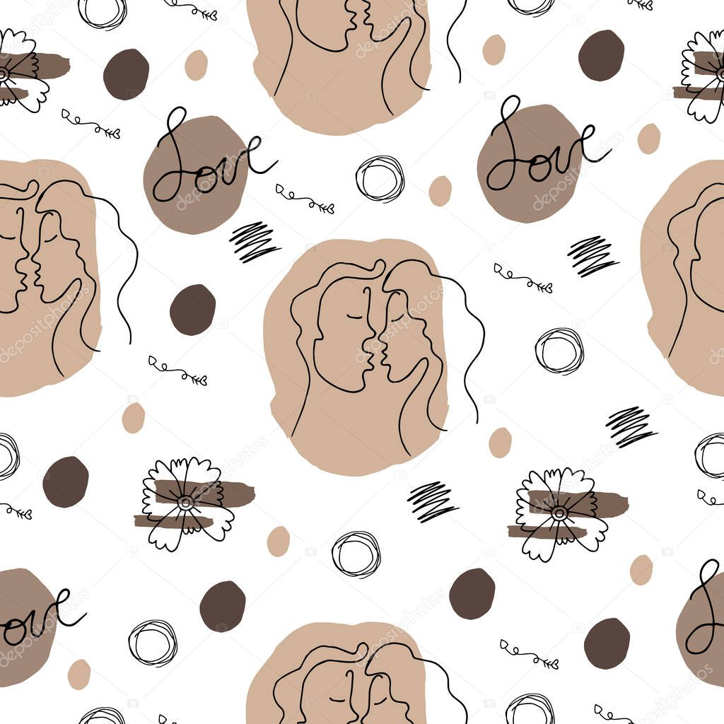 Línea continua, dibujo de beso cara mujer y hombre, concepto plano, con ...