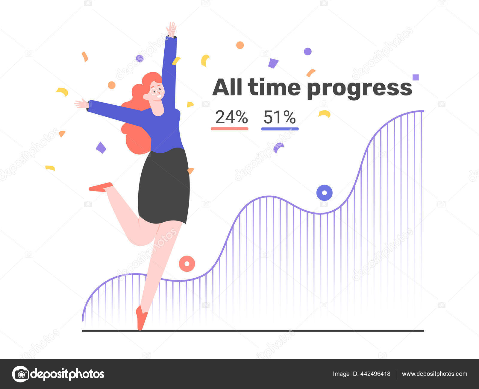 Joyful girl and progress graph. Setting and achieving goals. Strategy ...