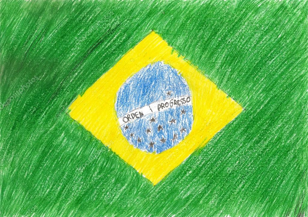 Brazil flag, pencil drawing illustration kid style photo image — Stock ...