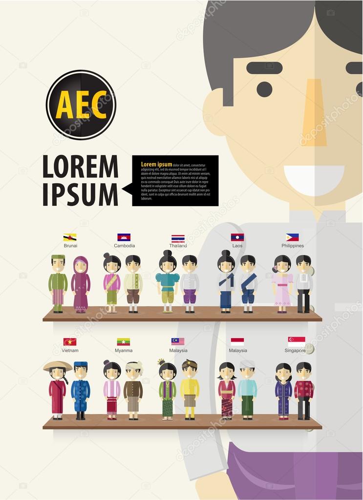 ASEAN boys and girls in traditional costume with flag,flat Stock Vector ...