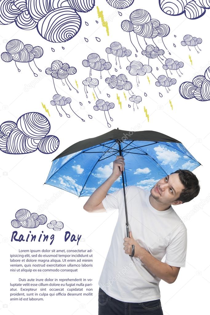 Portrait of a young man with opened umbrella checks the rain and looks ...