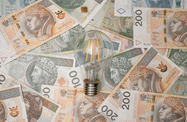 Light bulb on the background of polish zloty flat lay. Concept for ...