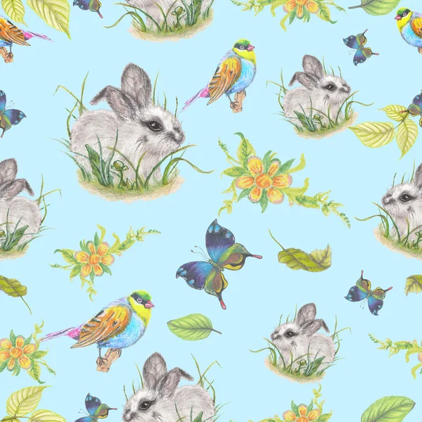 Watercolor spring rustic pattern with nest, birds, branch,tree — Stock ...