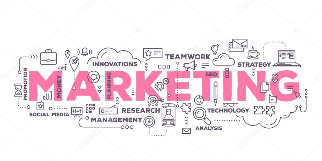 Vector creative illustration of marketing word lettering typogra ...