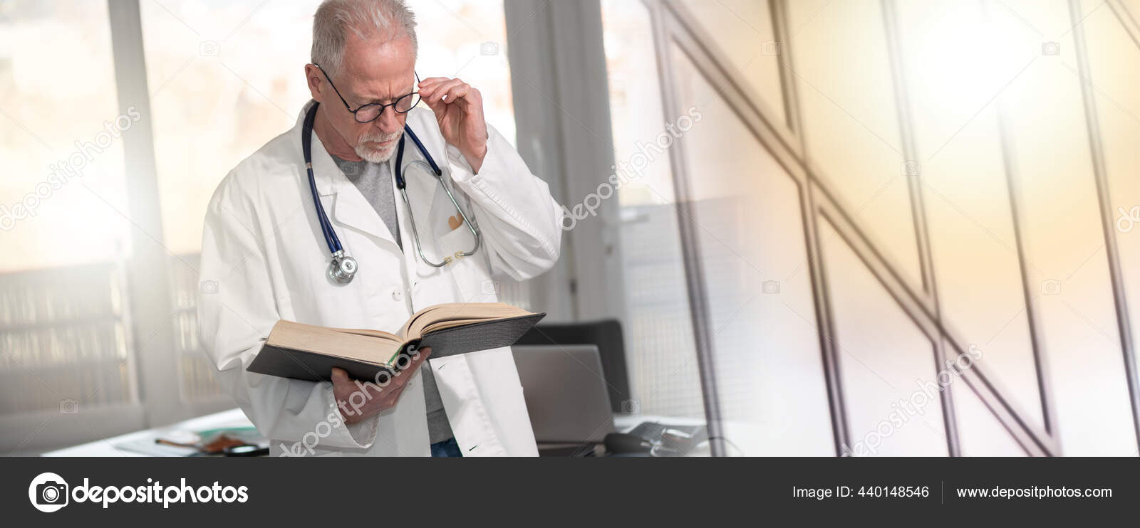 Senior Doctor Reading Textbook Clinic Multiple Exposure — Stock Photo ...
