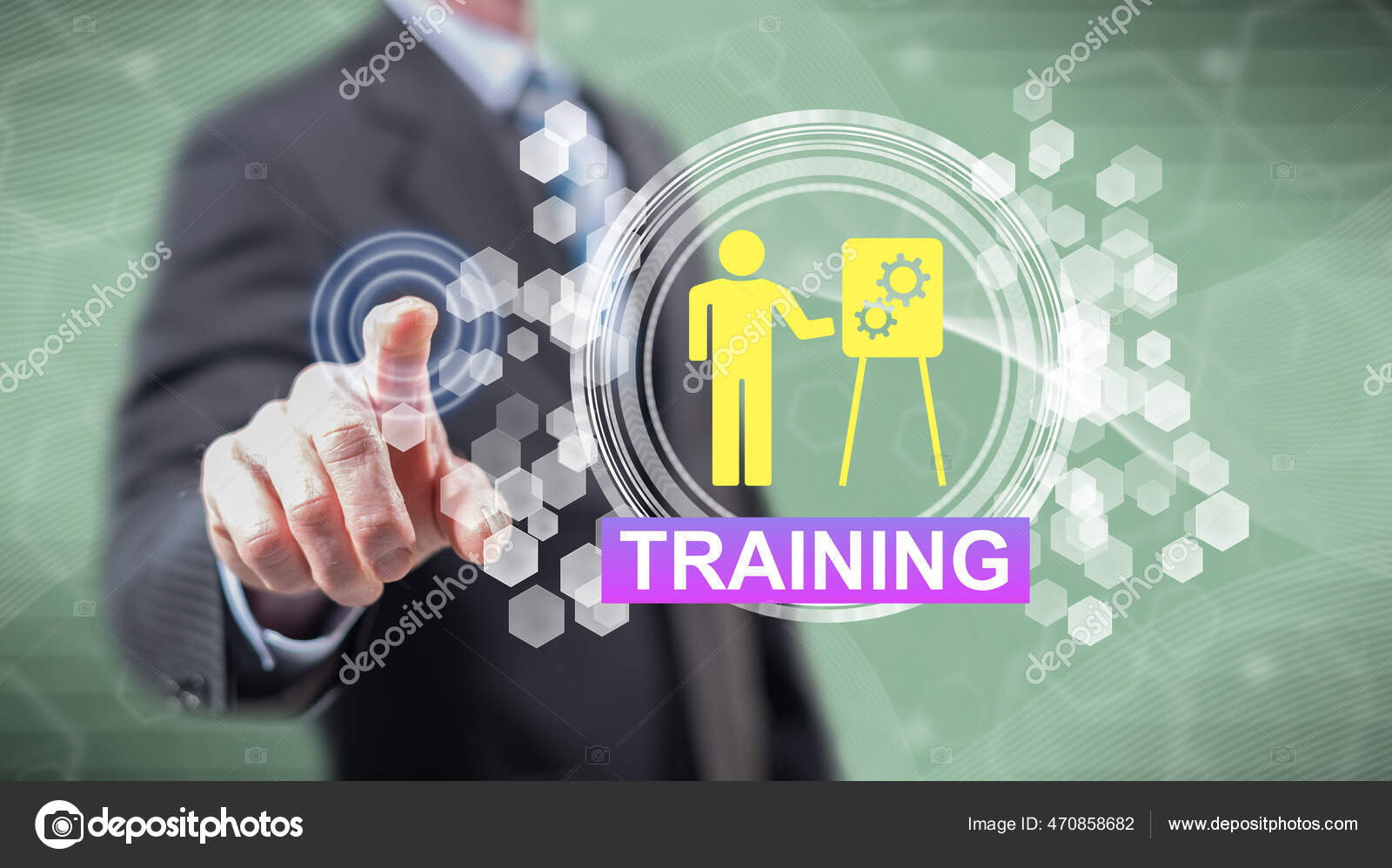 Man Touching Training Concept Touch Screen His Fingers — Stock Photo ...