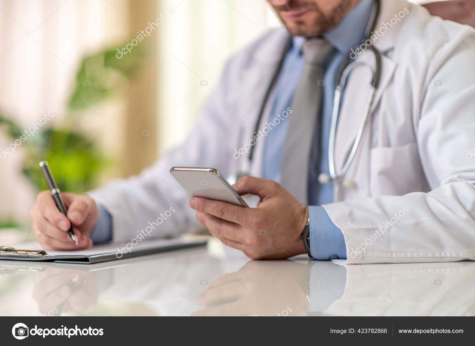 Close Doctor Using Mobile Phone His Office Healthcare People Concept ...