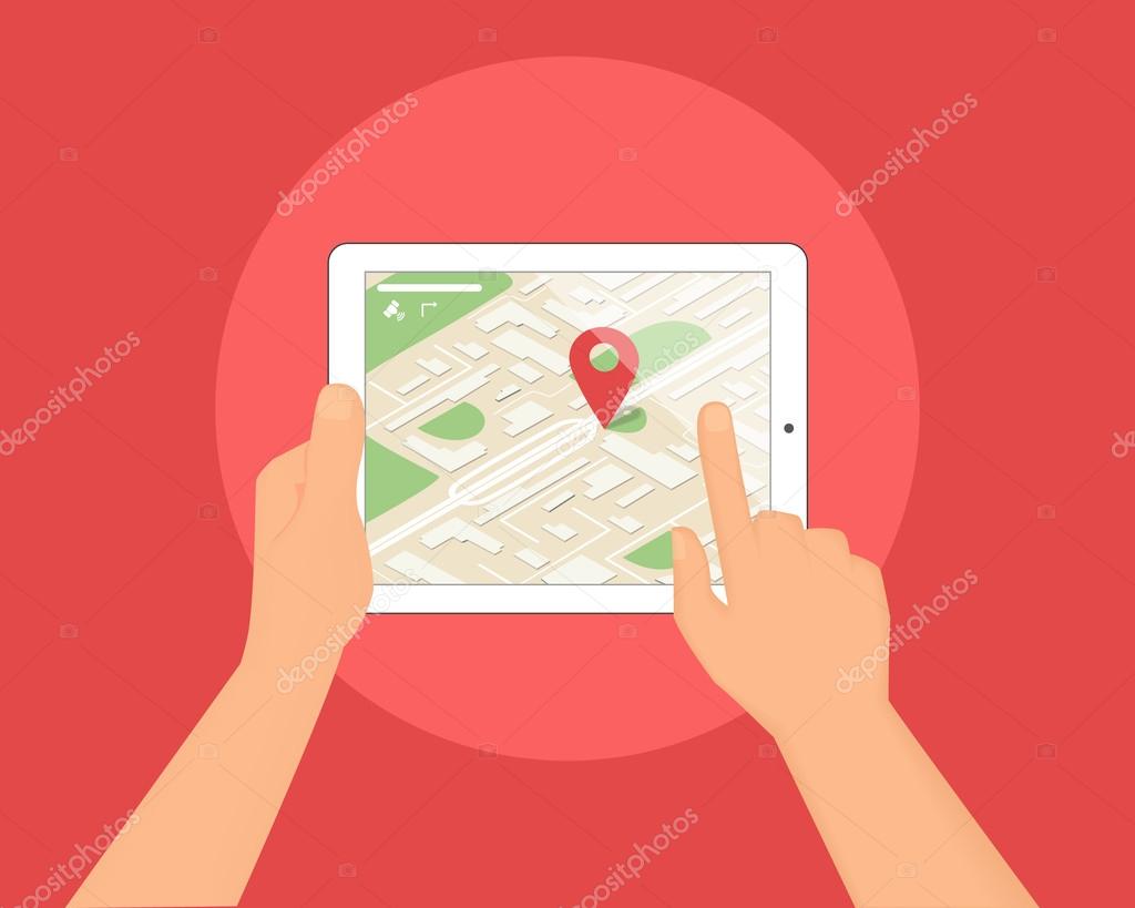 Las manos humanas sostienen la tableta PC con el mapa y el pin de ...