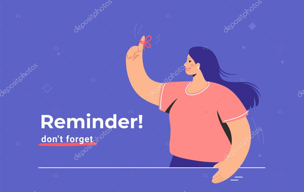 Recordatorio, no se olvide de una tarea importante. Mujer joven de pie ...