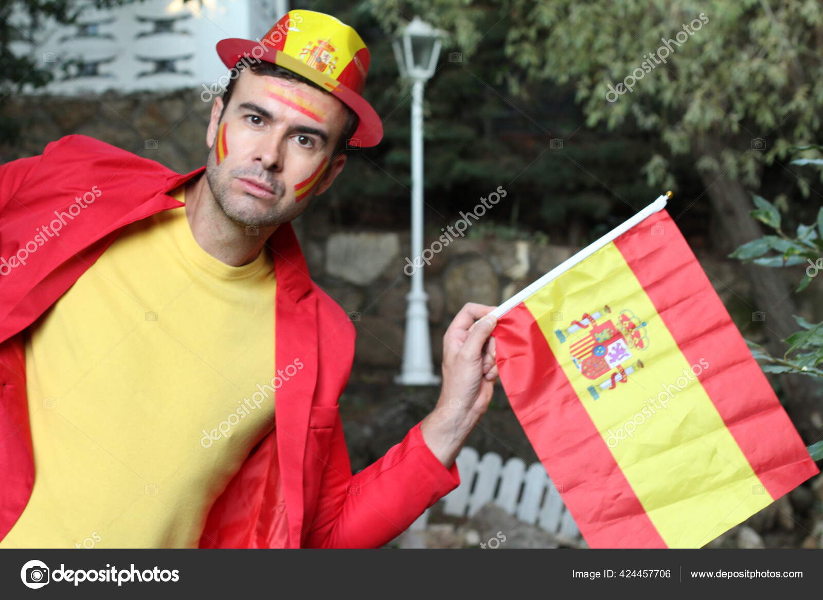 Portrait Handsome Young Man Clothes Colored Spain Flag Nature — Stock ...