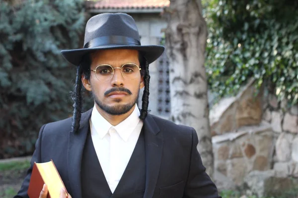 Close Portrait Handsome Young Rabbi Traditional Hat Tanakh Natural ...
