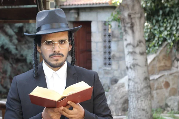 Close Portrait Handsome Young Rabbi Traditional Hat Tanakh Showing ...