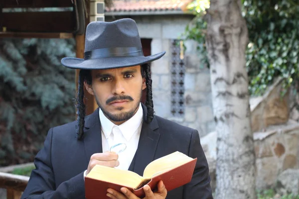 Close Portrait Handsome Young Rabbi Traditional Hat Tanakh Natural ...