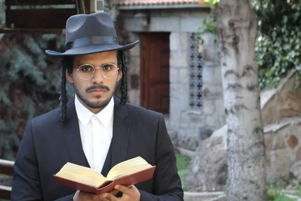 Close Portrait Handsome Young Rabbi Traditional Hat Tanakh Natural ...