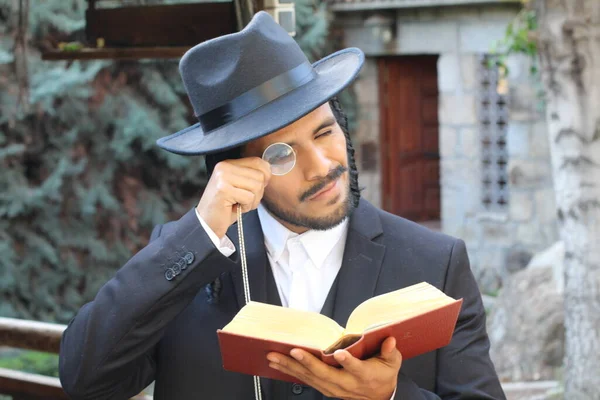 Close Portrait Handsome Young Rabbi Traditional Hat Tanakh Natural ...