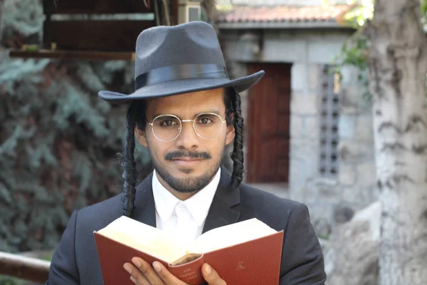 Close Portrait Handsome Young Rabbi Traditional Hat Tanakh Natural ...