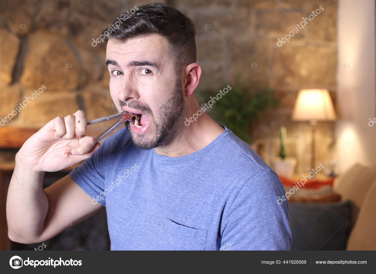 Portrait Handsome Young Man Pulling Out Teeth Dentist Tools Home Stock ...