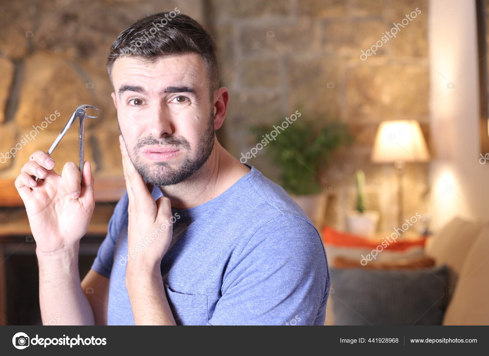 Portrait Handsome Young Man Pulling Out Teeth Dentist Tools Home Stock ...