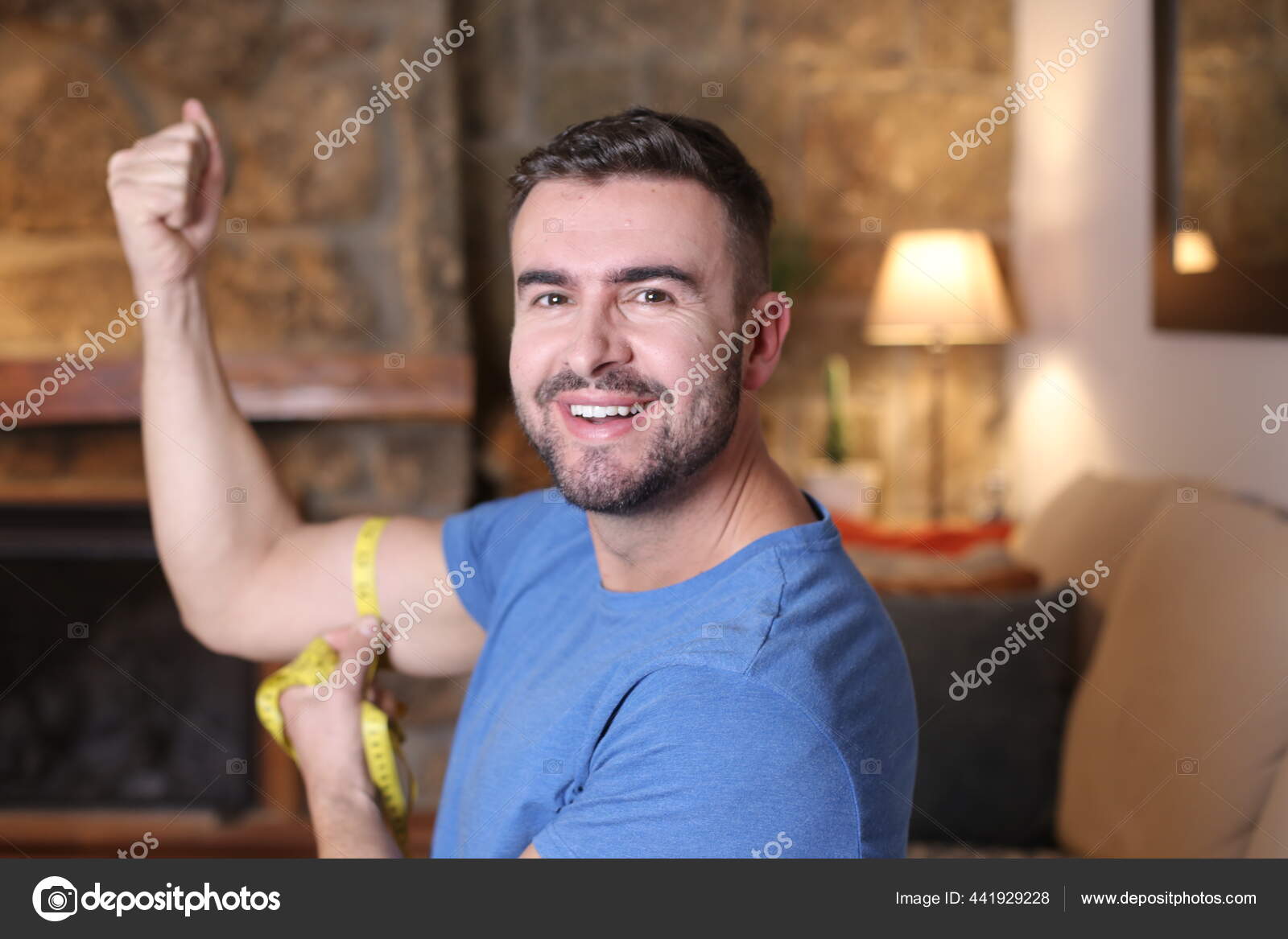 Portrait Handsome Young Man Measuring His Biceps Muscle Home — Stock ...